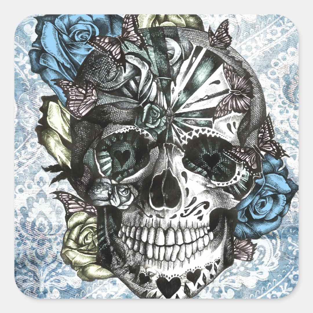 Grunge Candy sugar skull in blue yellow and pink. Square Sticker | Zazzle