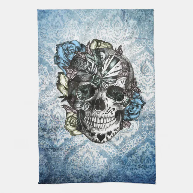 Grunge Candy sugar skull in blue yellow and pink. Towel | Zazzle