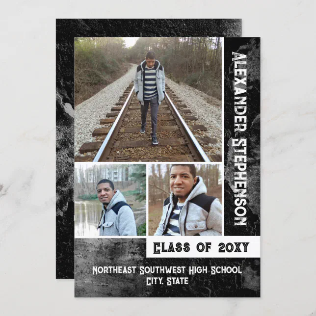 Grunge Concrete 3 Photo Boys Guys Graduation Invitation | Zazzle