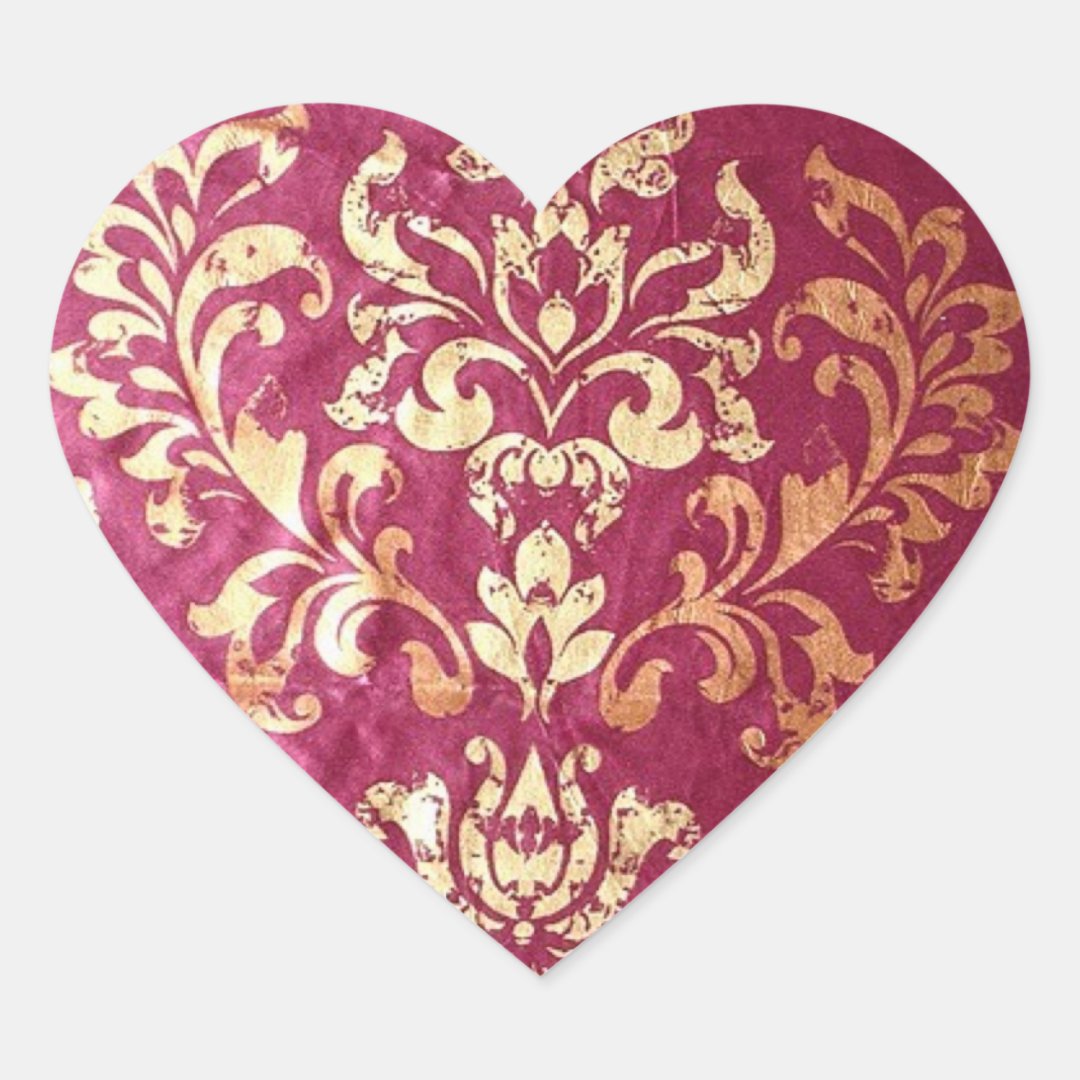 grunge floral Victorian Gold Burgundy damask Heart Sticker | Zazzle