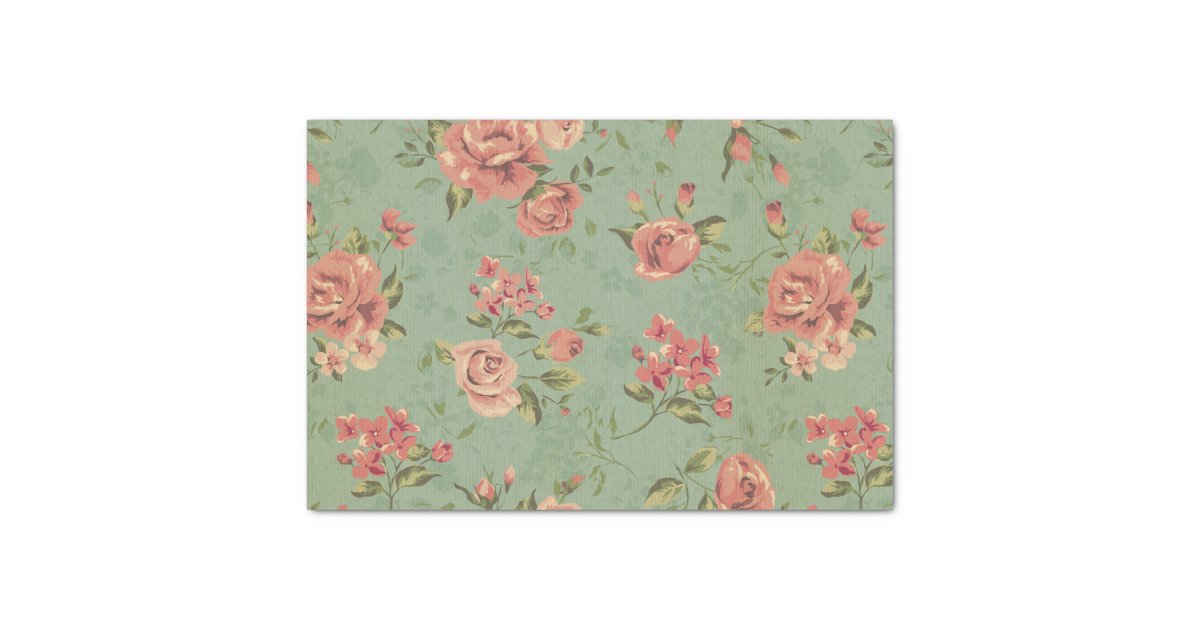 Grunge,jade,coral,floral,vintage,shabby chic,roses tissue paper | Zazzle