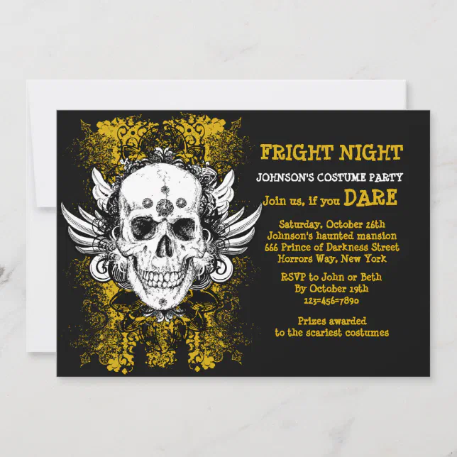 Grunge Skull Fright Night Black Invitation | Zazzle
