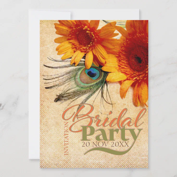 Grunge Summer Peacock feather Bridal Party Invite | Zazzle