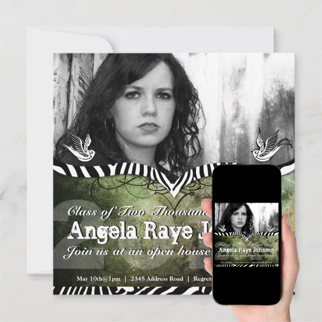 Grunge Tattoo swallows & Urban Green Grad Invite | Zazzle