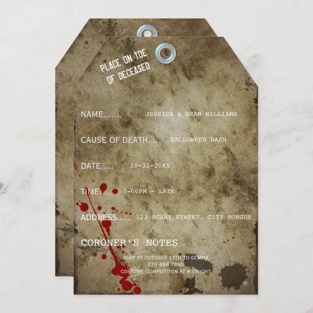 Grungy Blood Splat Toe Tag Halloween Invitation | Zazzle