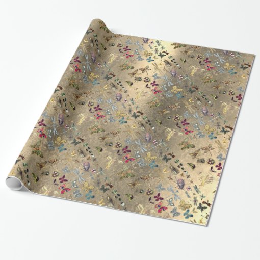 Grungy Gold Meadow Butterfly Insects Gems Diamond Wrapping Paper | Zazzle