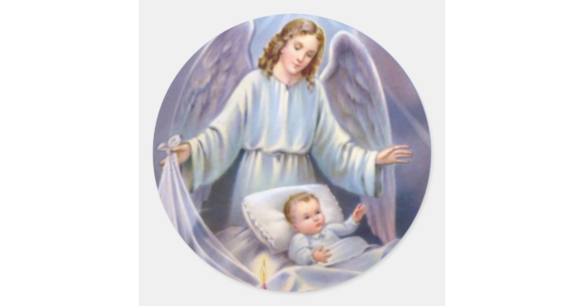 Guardian Angel with Baby in Crib Classic Round Sticker | Zazzle