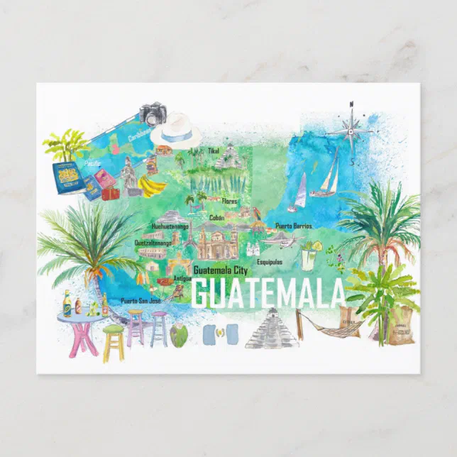 Guatemala Illustrated Travel Map with Roads Postcard | Zazzle