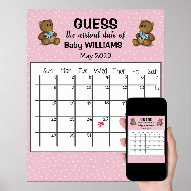 Guess Due Date Calendar with Bears Poster | Zazzle