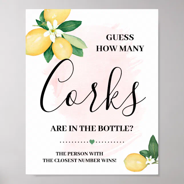 Guess How Many Corks Lemons Pink Shower Game Poster | Zazzle