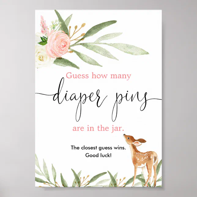 Guess how many diaper pins game pink gold deer poster | Zazzle
