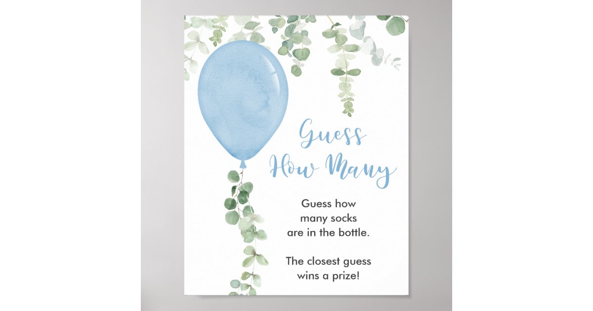 Guess How Many game blue balloons greenery Poster | Zazzle