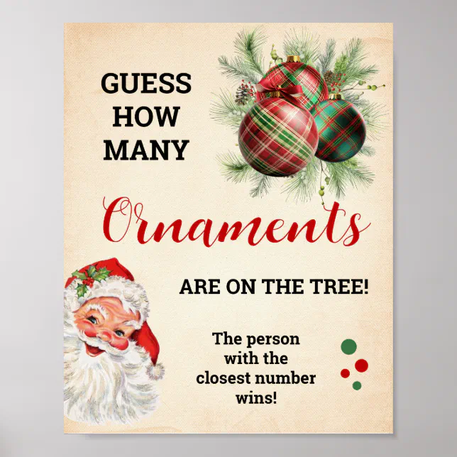 Guess How Many Ornaments Santa Christmas Game Sign | Zazzle
