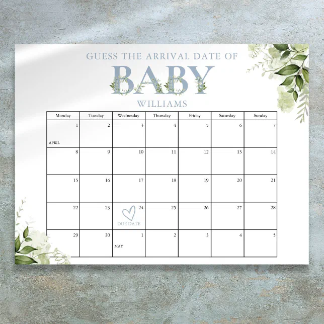 Guess The Arrival Date Greenery Blue Baby Shower Poster | Zazzle