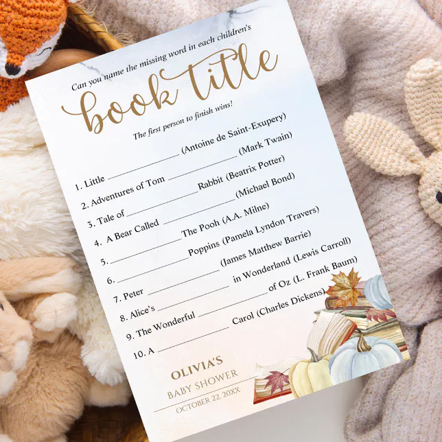 Guess the Book Title Blue Pumpkin Baby Shower Game | Zazzle