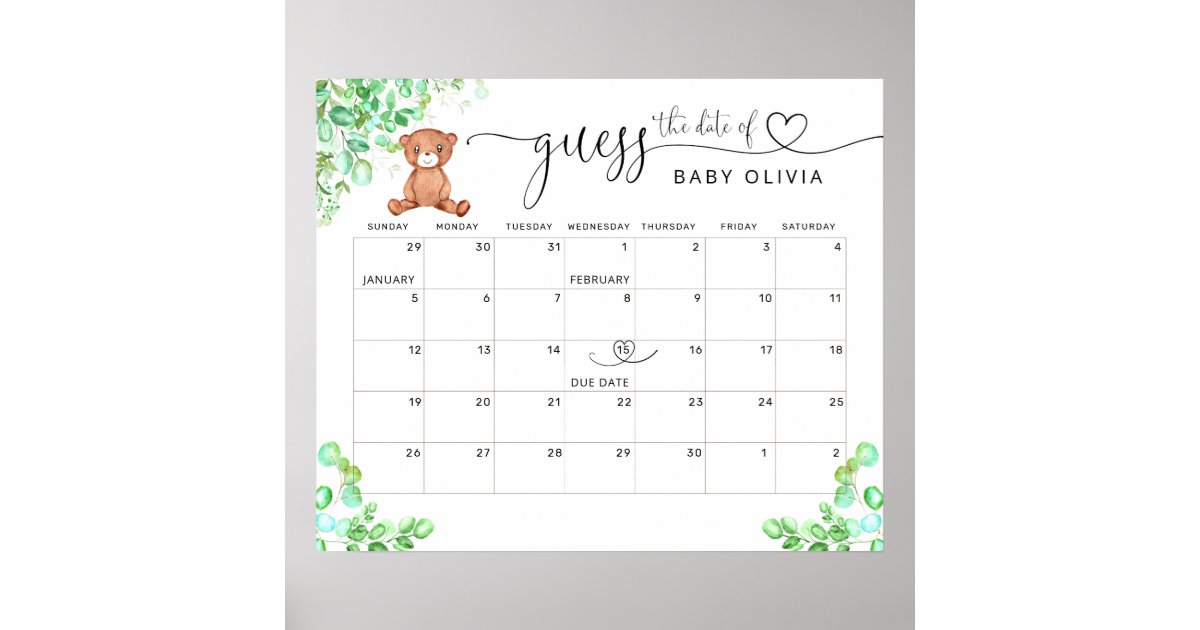 Guess The Due Date Calendar Bear Poster | Zazzle