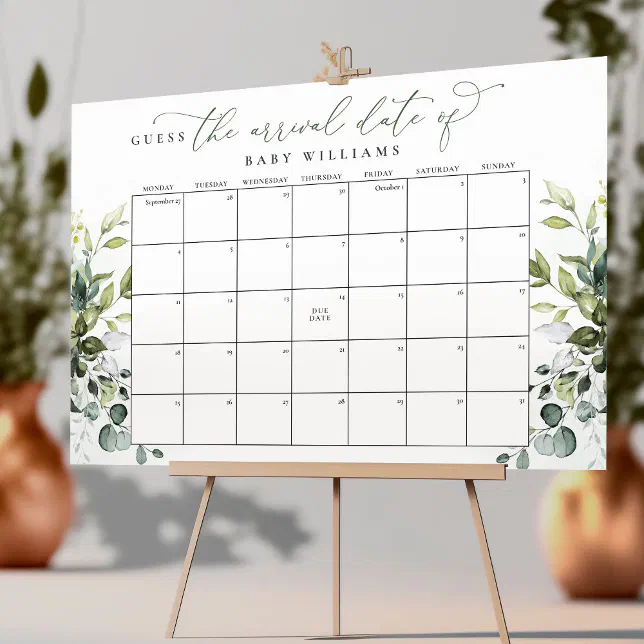 Guess The Due Date Calendar Eucalyptus Greenery Poster | Zazzle