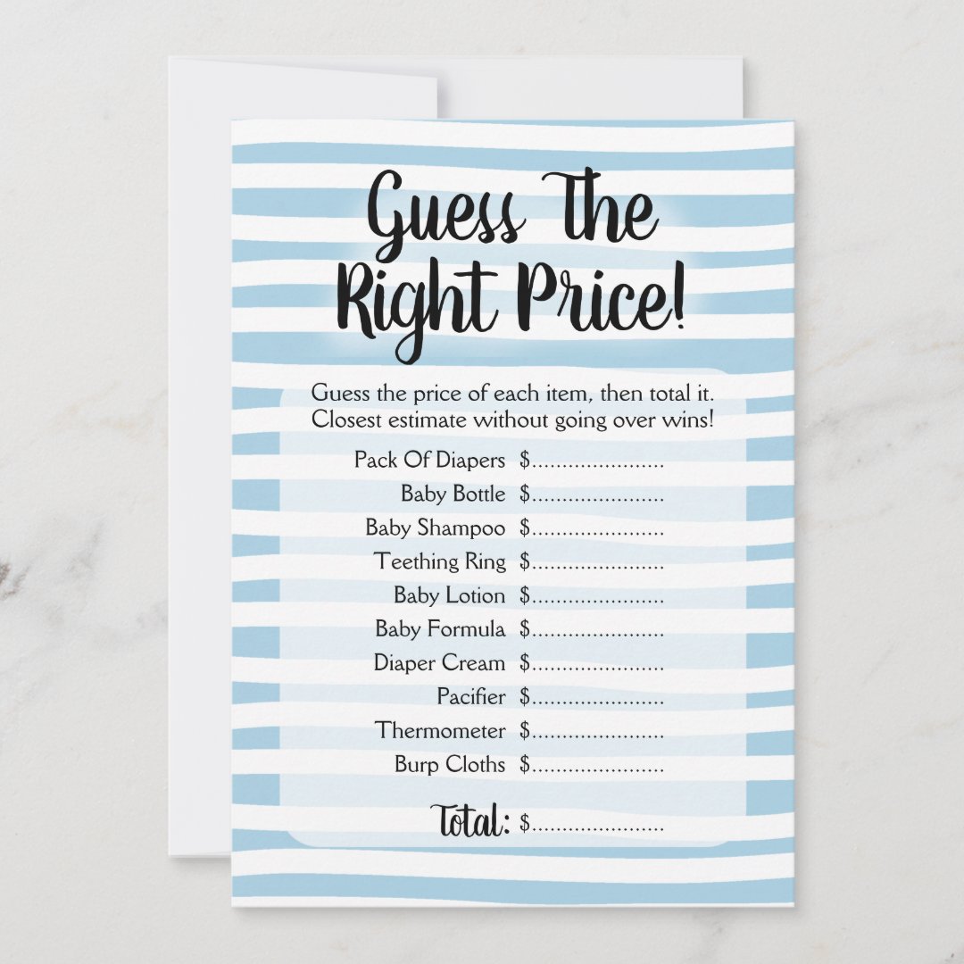 Guess The Price Baby Shower Game Blue White Invitation | Zazzle