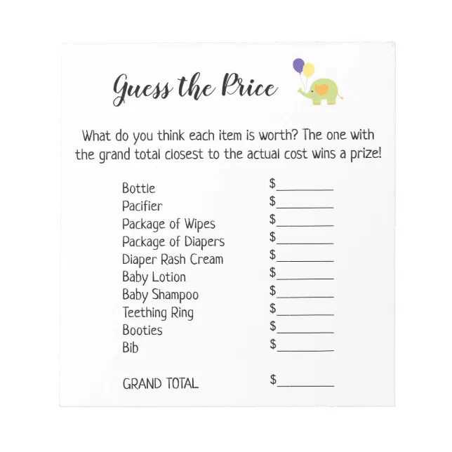 Guess the Price White w/ Cute Elephant Game Pages Notepad | Zazzle