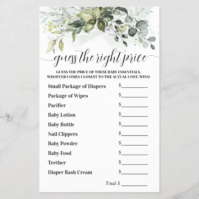 Guess the Right Price Greenery Baby Shower Game Flyer | Zazzle