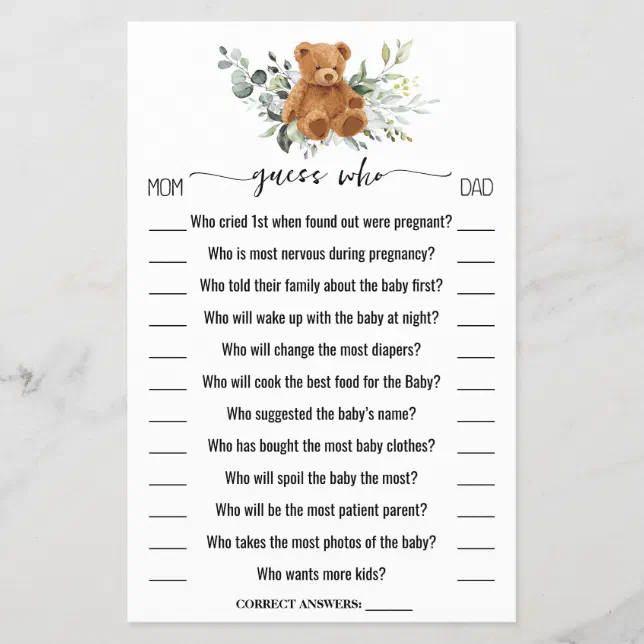 Guess Who Bear Greenery Baby Shower Game Card Flyer | Zazzle