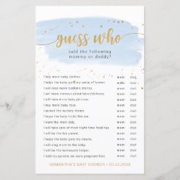 Guess Who blue watercolor + gold baby shower game | Zazzle