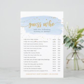 Guess Who blue watercolor + gold baby shower game | Zazzle