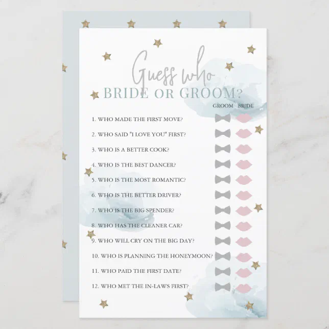 Guess Who Bride or Groom Blue Bridal Shower Game | Zazzle