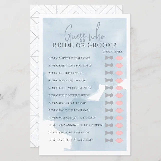 Guess Who Bride or Groom Blue Bridal Shower Game | Zazzle