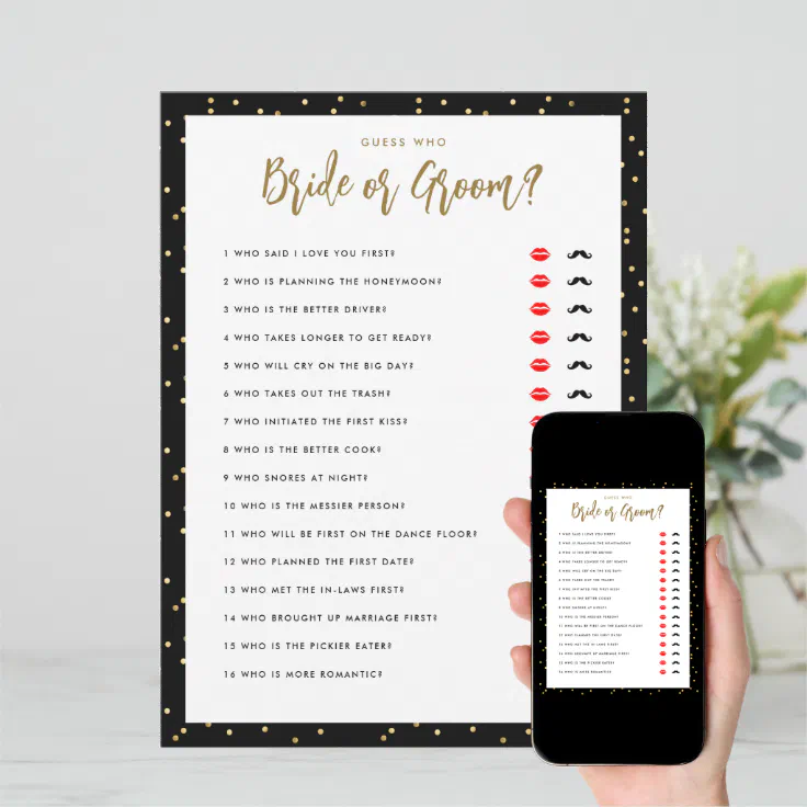 Guess Who Bride or Groom Gold Black Shower Game Invitation | Zazzle