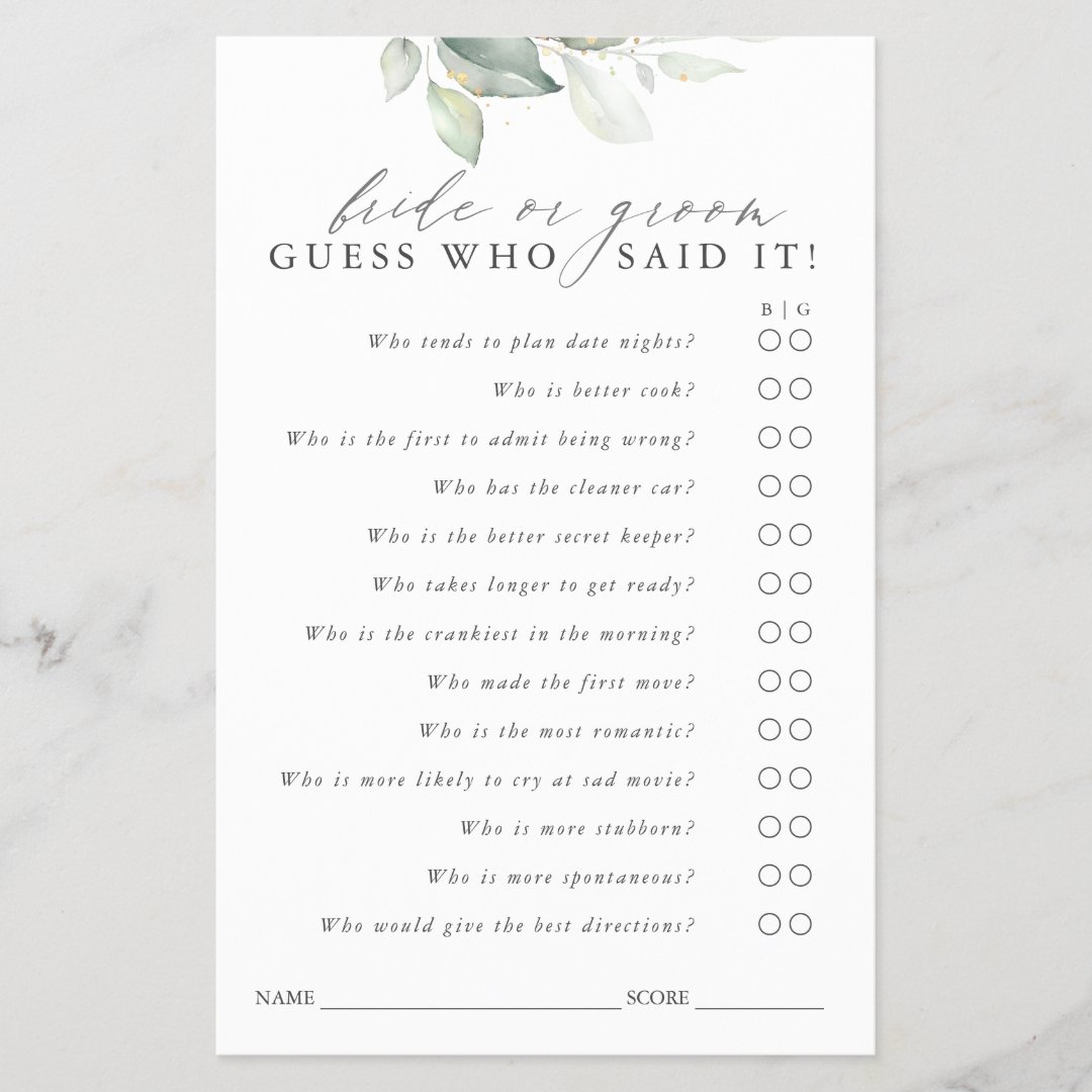 Guess Who Bride or Groom - Greenery Game Card | Zazzle