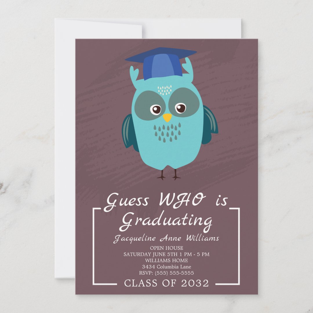 Guess Who Is Celebrating Blue Owl Graduation Party Invitation | Zazzle