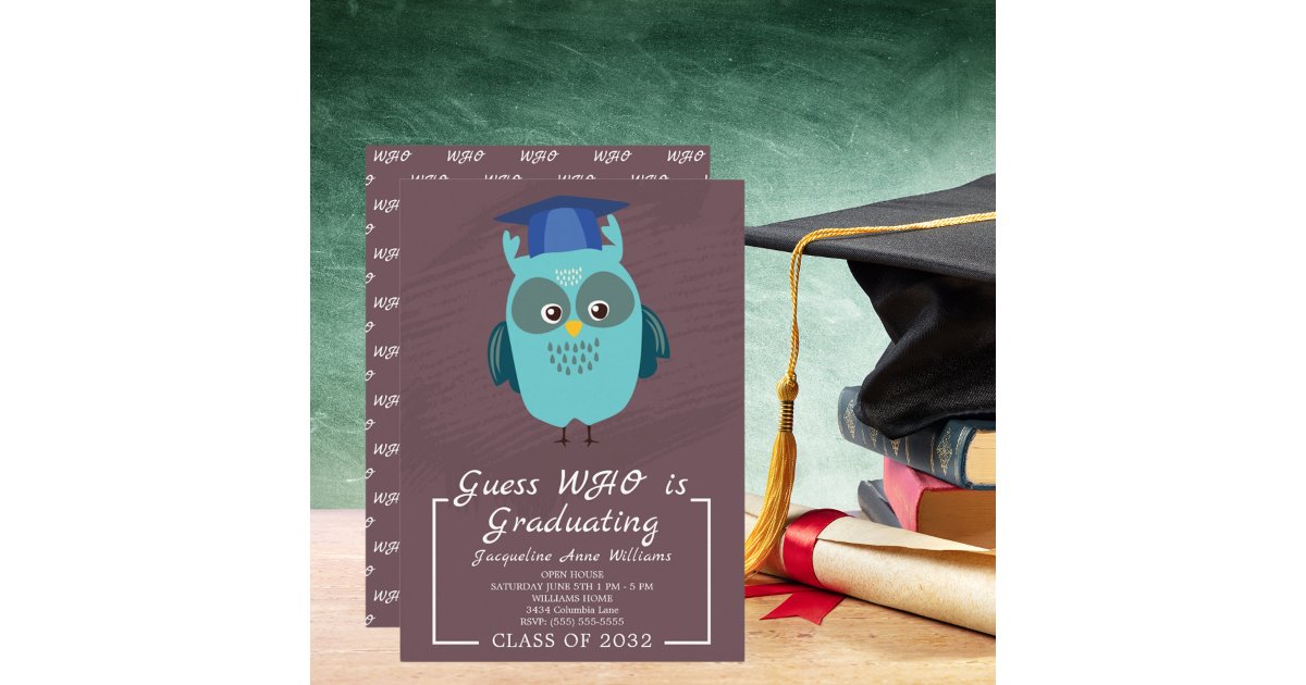 Guess Who Is Celebrating Blue Owl Graduation Party Invitation | Zazzle