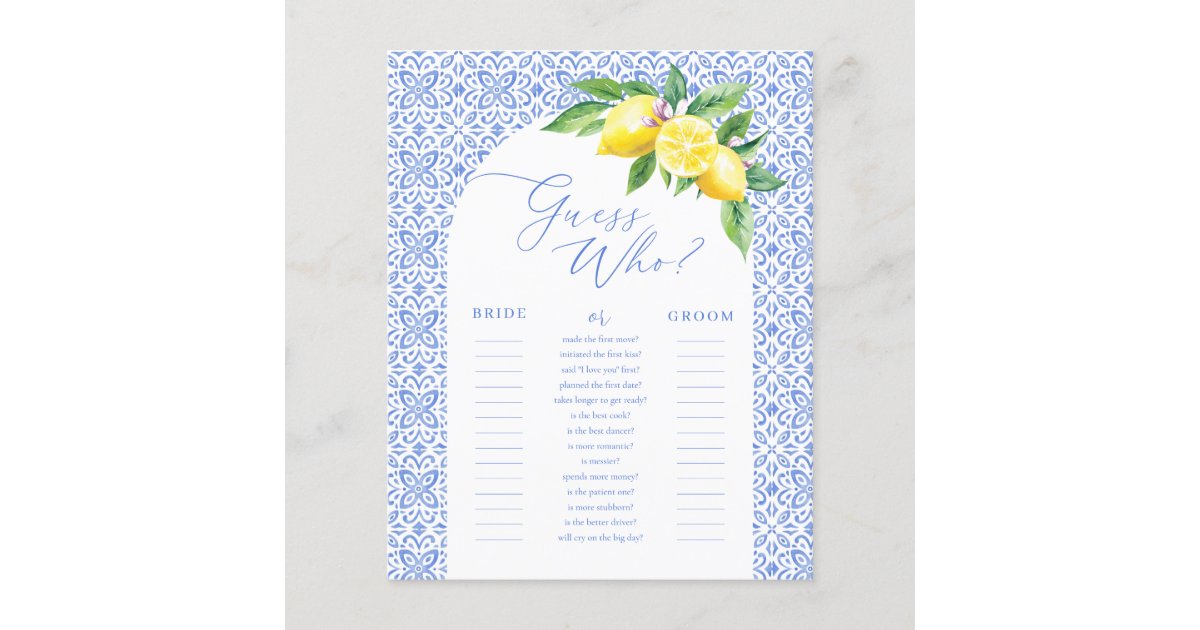 Guess Who Lemon Positano Bridal Shower Game | Zazzle