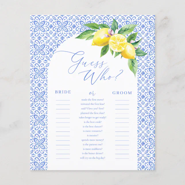 Guess Who Lemon Positano Bridal Shower Game | Zazzle