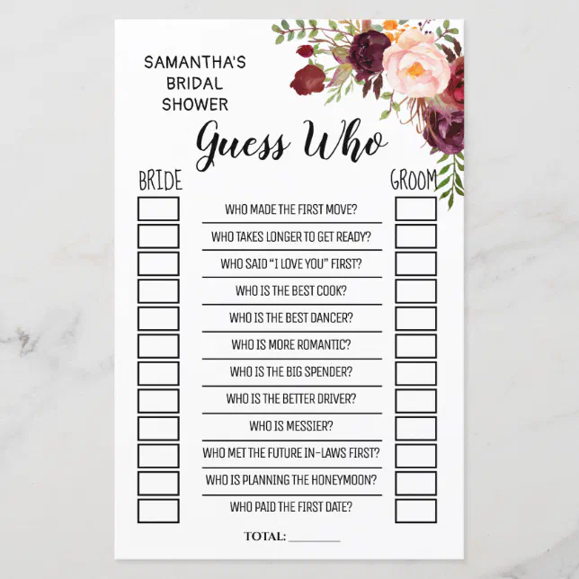 Guess Who Marsala Flowers Bridal Shower Game | Zazzle