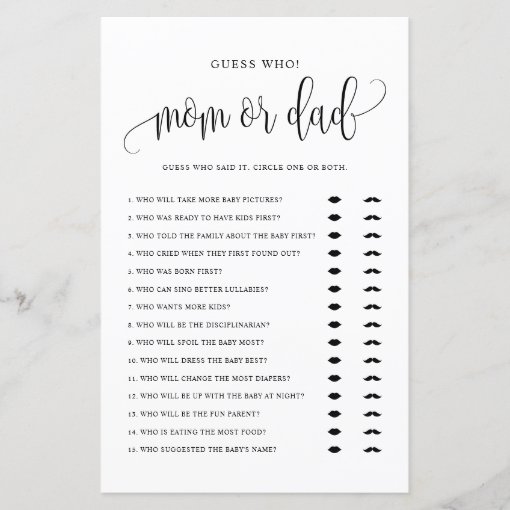 Guess Who Mom or Dad Black Script Baby Shower Game | Zazzle