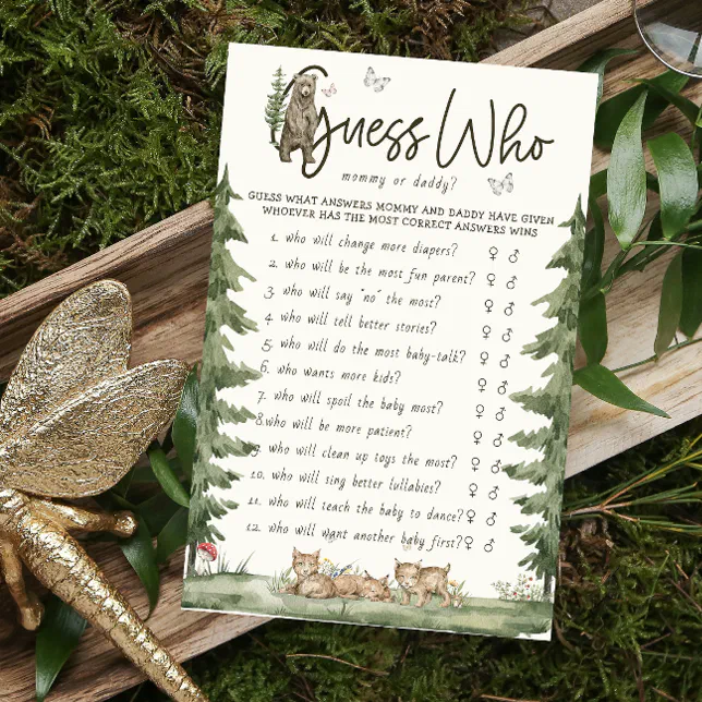 Guess Who Mommy Or Daddy Woodland Game Baby Shower Flyer | Zazzle