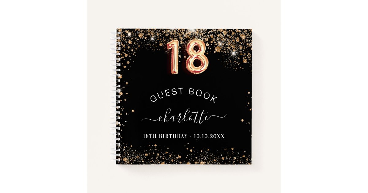 Guest book 18th birthday black gold glitter name | Zazzle