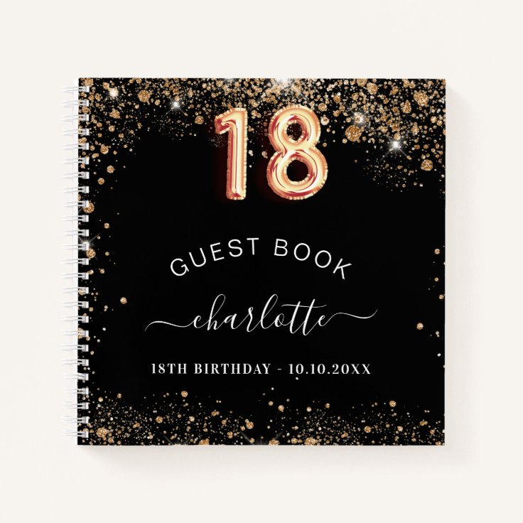 Guest book 18th birthday black gold glitter name | Zazzle