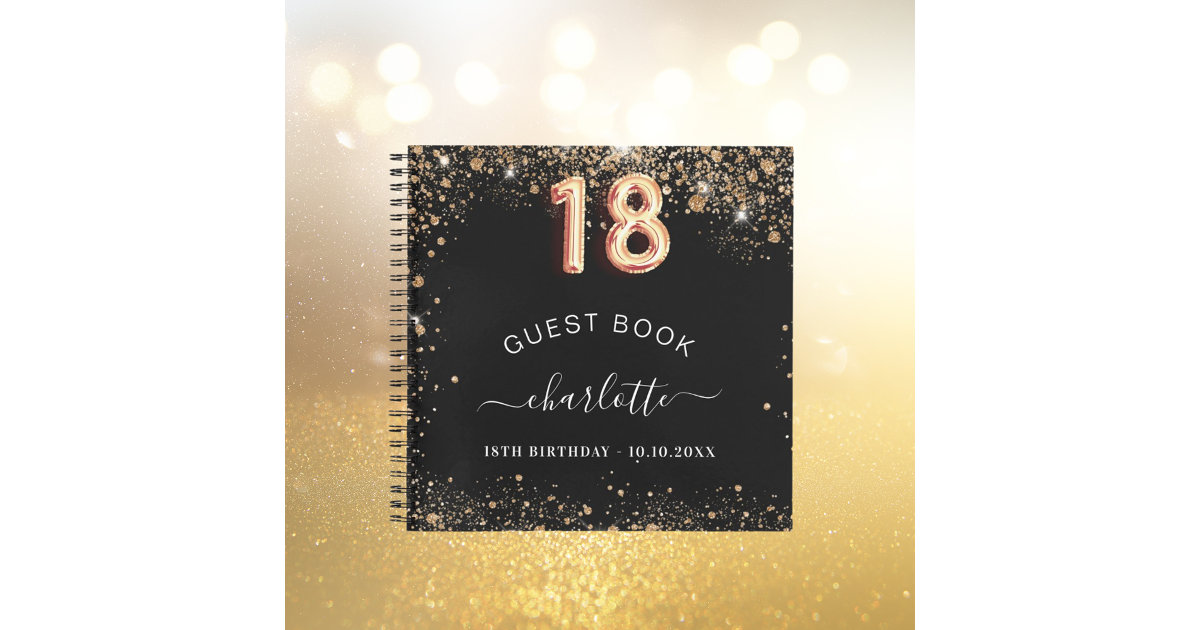 Guest book 18th birthday black gold glitter name | Zazzle