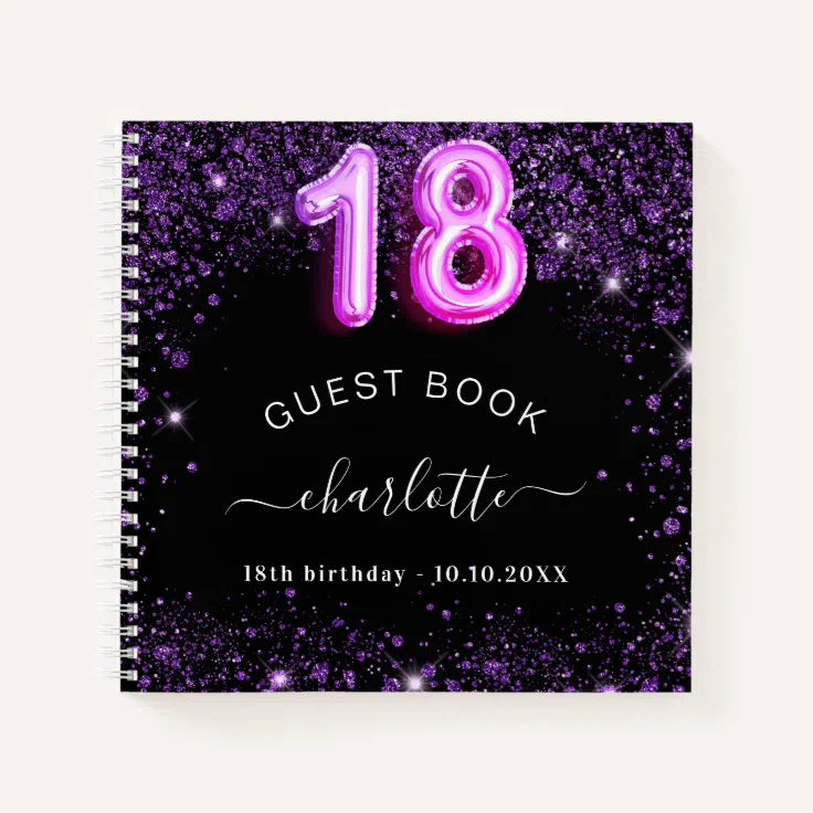 Guest book 18th birthday black purple glitter name | Zazzle