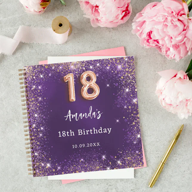 Guest book 18th Birthday purple rose gold glitter | Zazzle