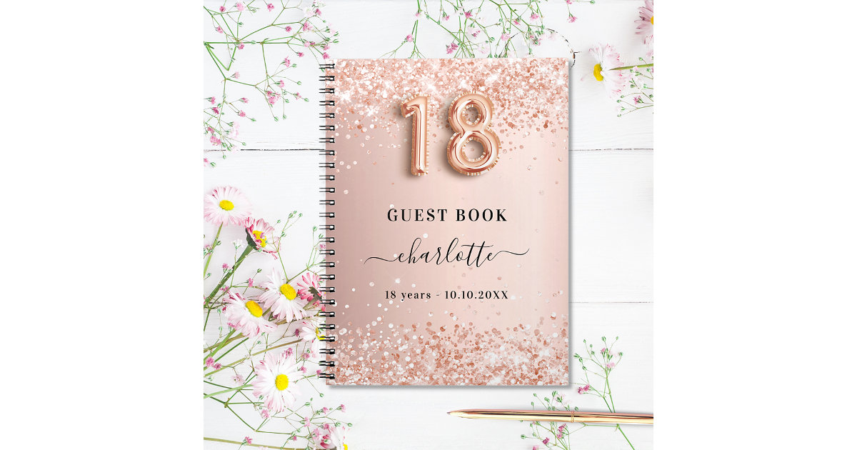 Guest book 18th birthday rose gold glitter | Zazzle