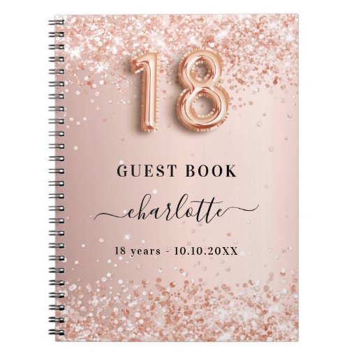 Guest book 18th birthday rose gold glitter | Zazzle