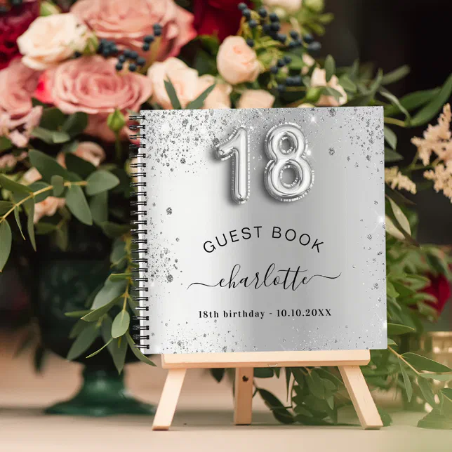 Guest book 18th birthday silver glitter name glam | Zazzle