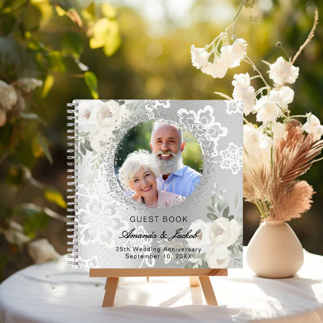 Guest book 25th Wedding Anniversary silver photo | Zazzle