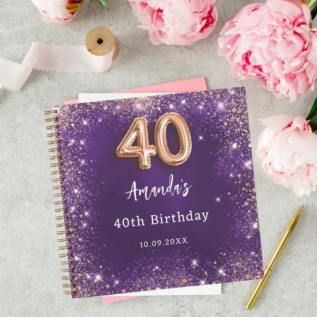 Guest book 40th Birthday purple rose gold glitter | Zazzle