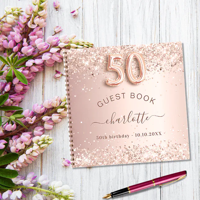 Guest book 50th birthday rose gold glitter blush | Zazzle
