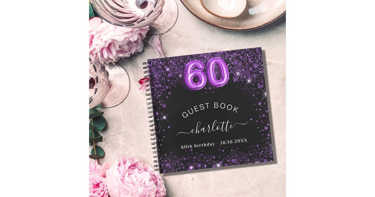 Guest book 60th birthday black purple glitter name | Zazzle